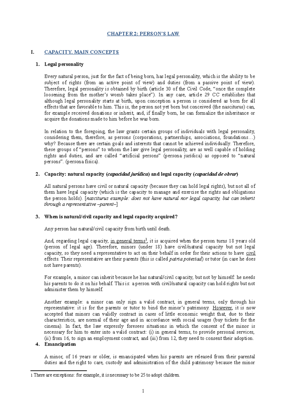 Basic Summary Chapter 2 - CHAPTER 2: PERSON’S LAW I. CAPACITY. MAIN ...