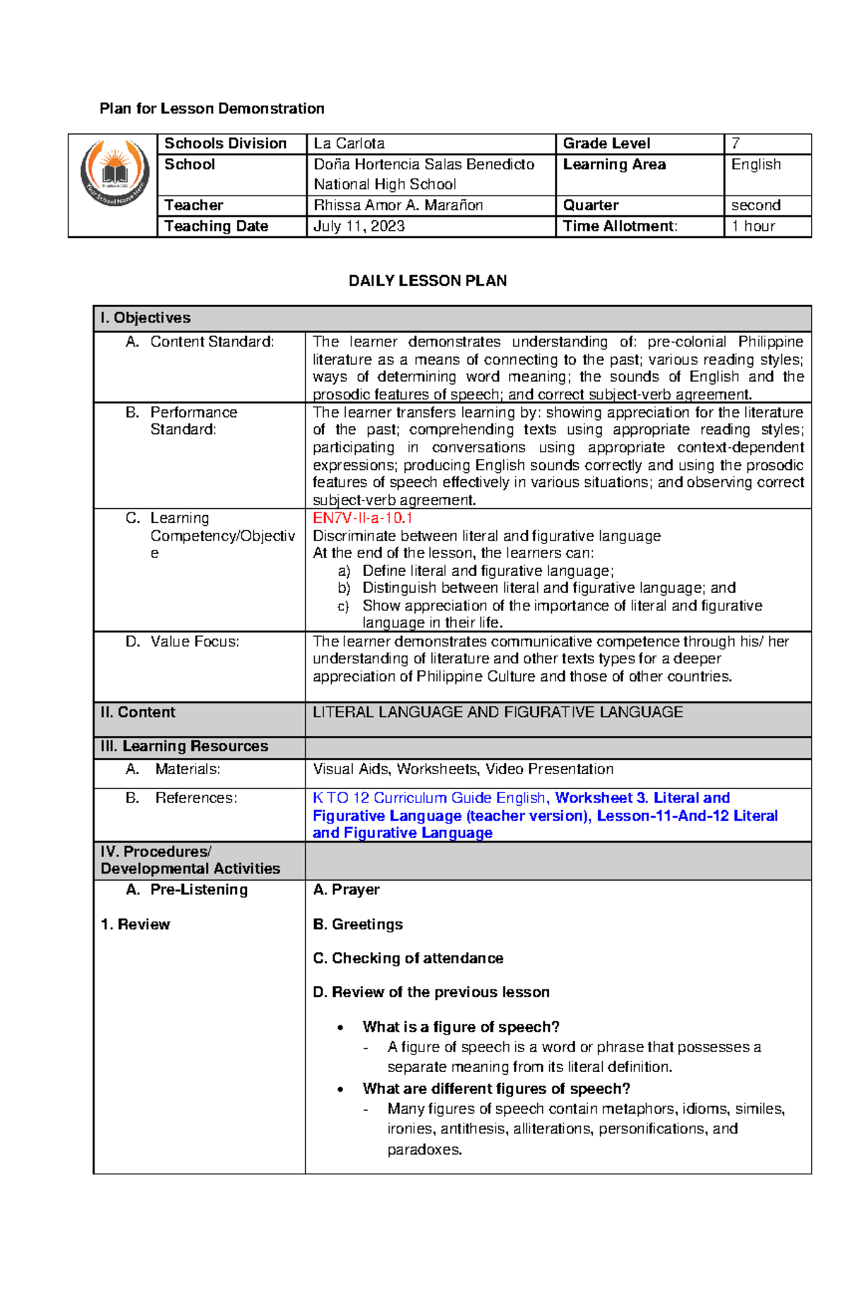 Lesson PLAN FOR DEMO Teaching AMOR Final - Plan for Lesson ...