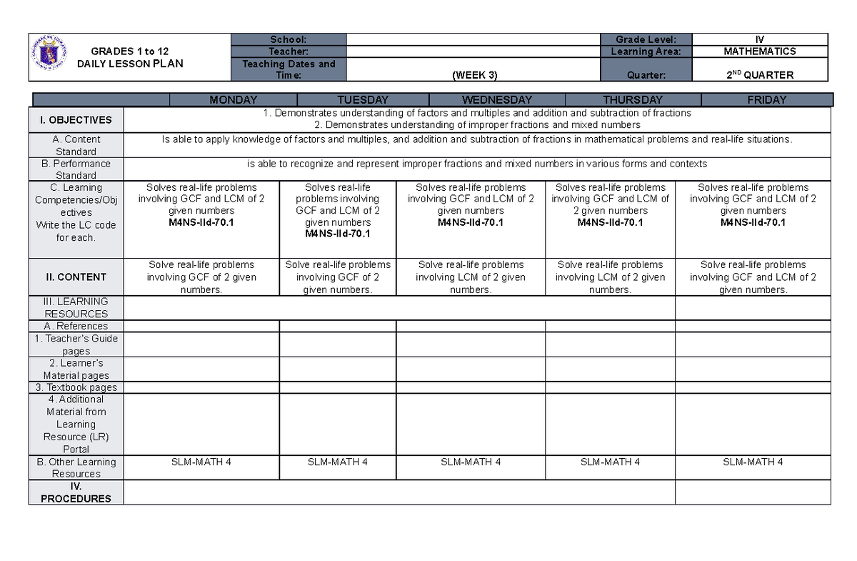 DLP MATH 4 W3 - DLP - GRADES 1 to 12 DAILY LESSON PLAN School: Grade ...