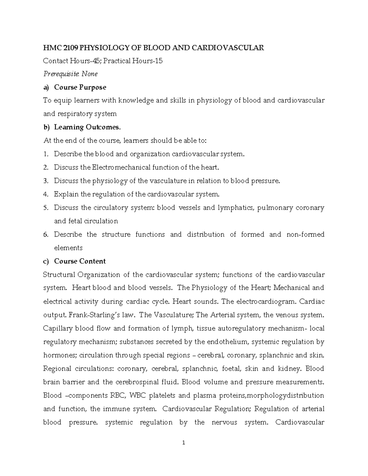 CVS Part 1 - tutorials - HMC 2109 PHYSIOLOGY OF BLOOD AND ...