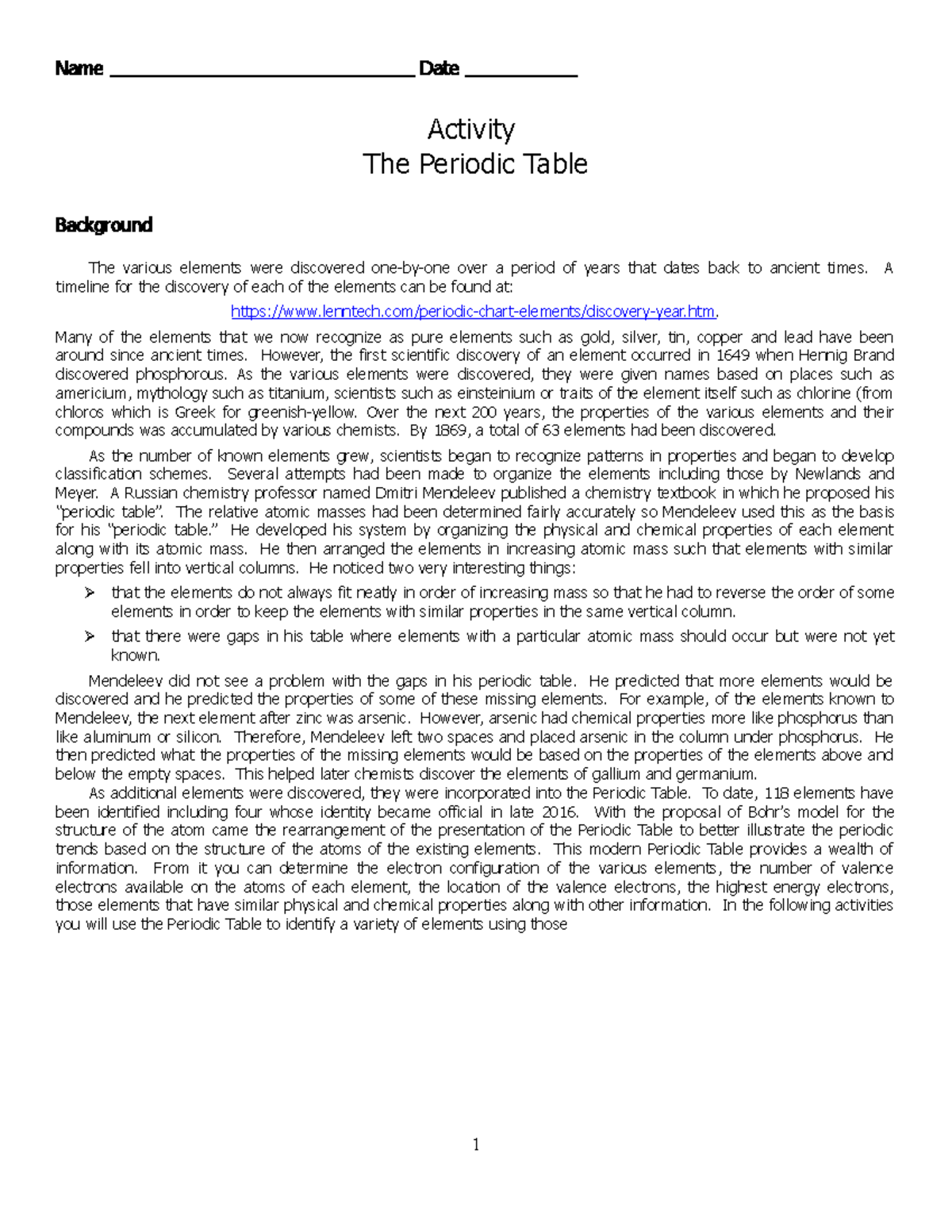 Activity - Pre Lab Identification of Unknown Elements - Name