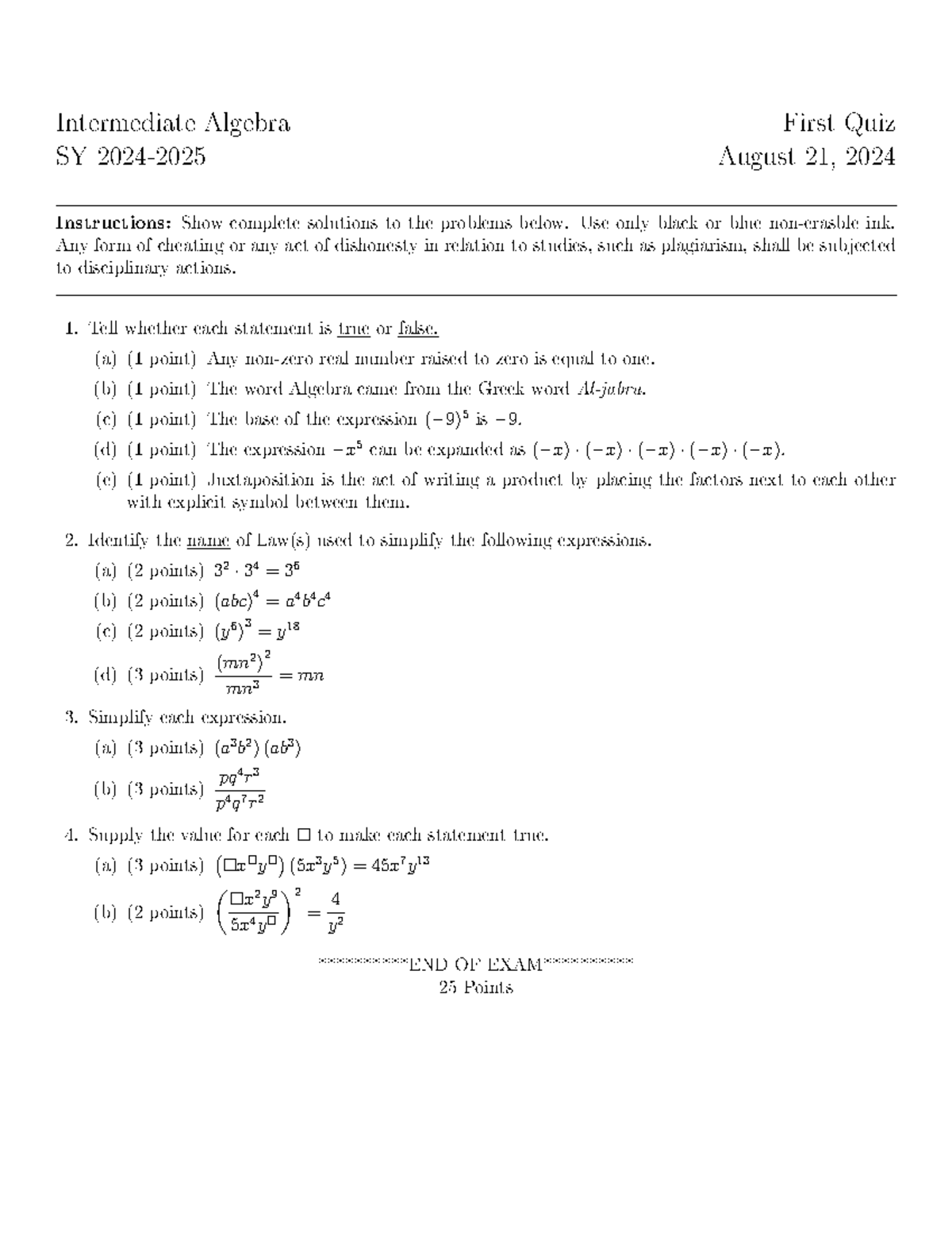 Quiz Intermediate Algeb - Intermediate Algebra SY 2024- First Quiz ...