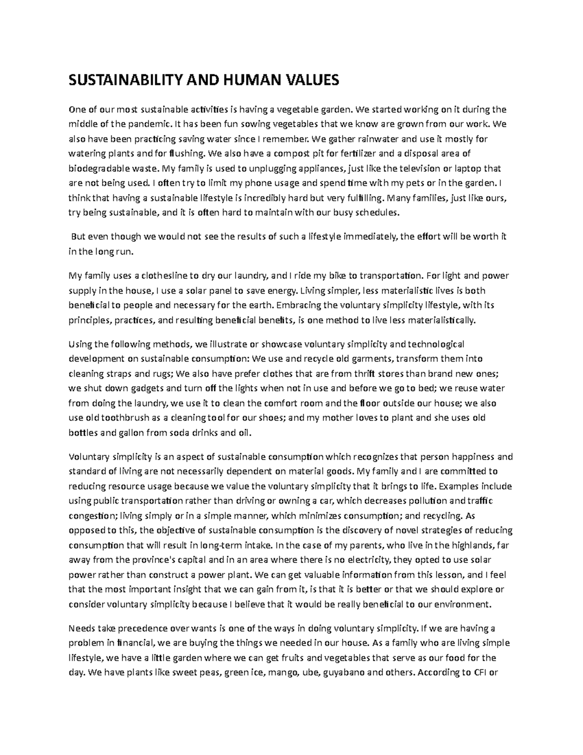 Sustainability AND Human Values - SUSTAINABILITY AND HUMAN VALUES One ...