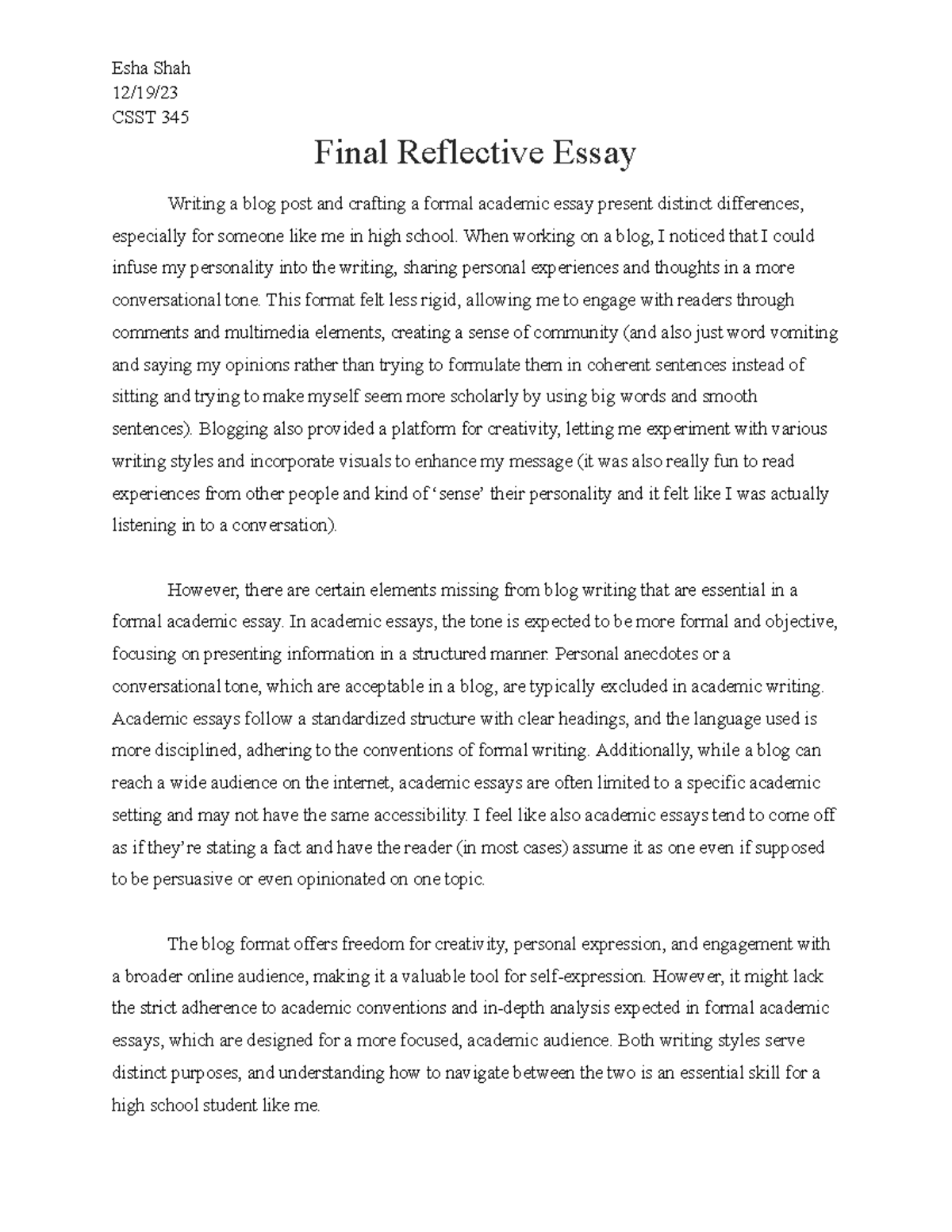 Csst final - ... - Esha Shah 12/19/ CSST 345 Final Reflective Essay ...