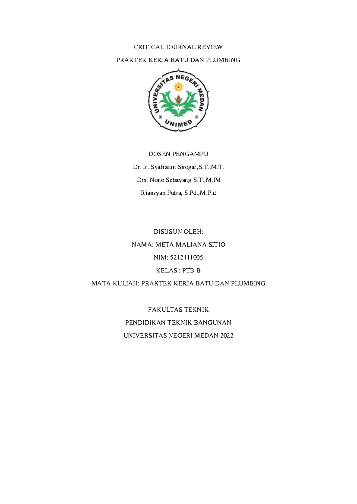 CJR PKBP - CJR PKBP - CRITICAL JOURNAL REVIEW PRAKTEK KERJA BATU DAN PLUMBING DOSEN PENGAMPU Dr ...
