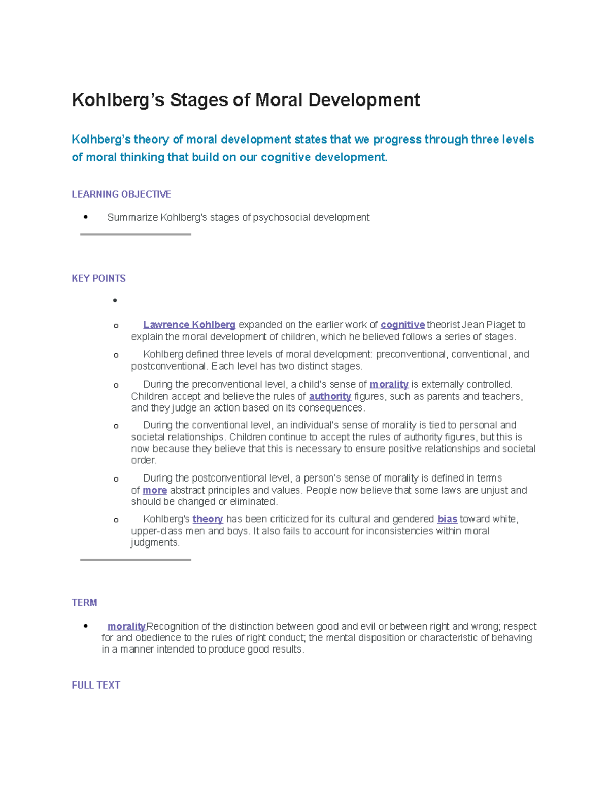 Unit 1 notes - Kohlberg’s Stages of Moral Development Kolhberg’s theory ...
