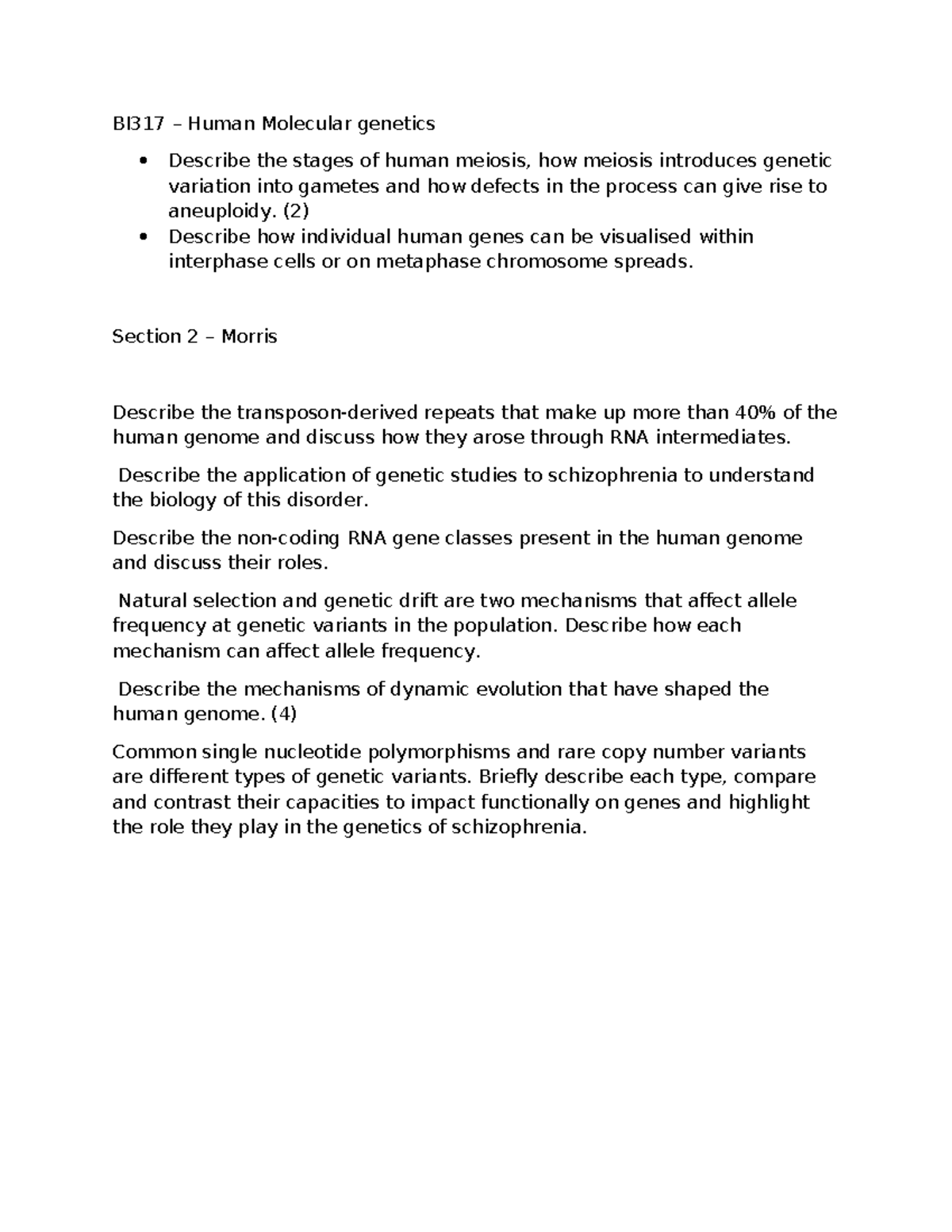 BI317 – Human Molecular genetics - BI317 – Human Molecular genetics ...