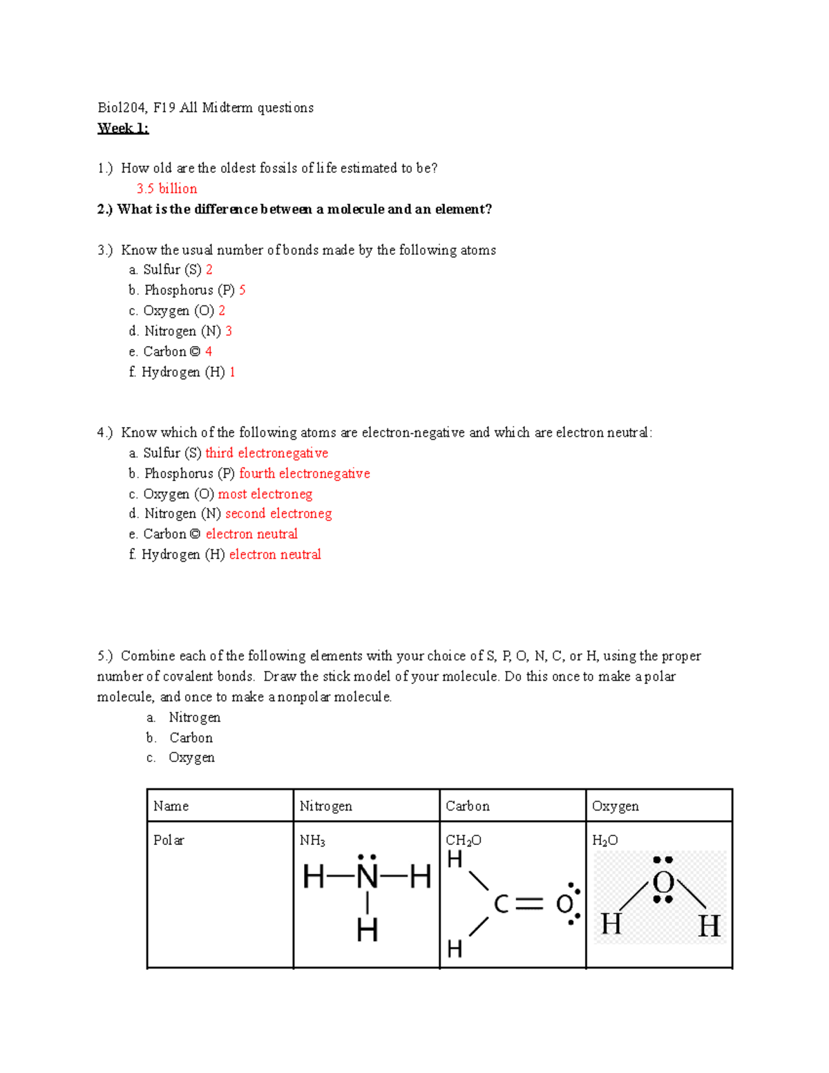 Bio Midterm 1 review (ch 1-5) - Biol204, F19 All Midterm questions Week ...