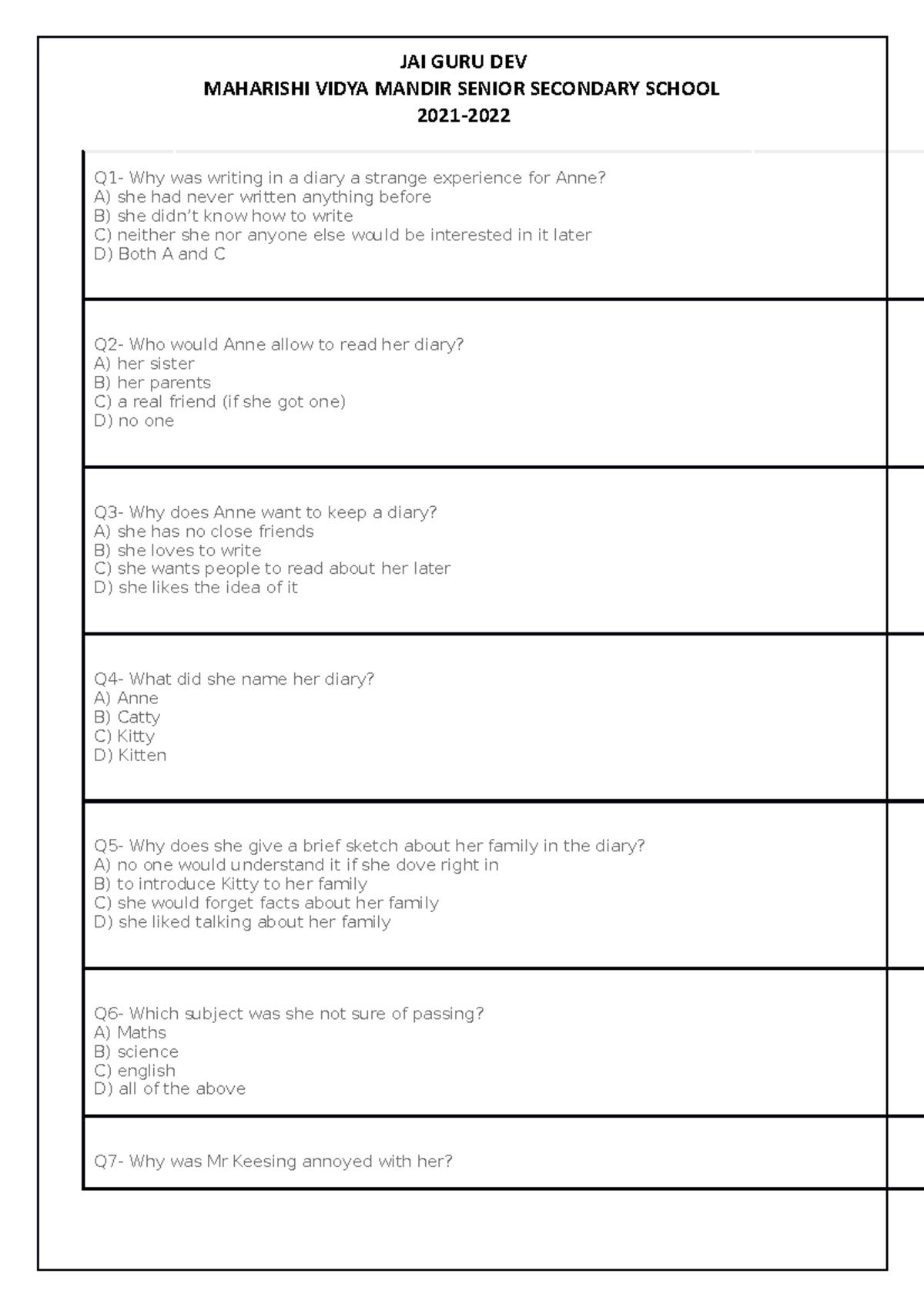 FROM THE Diary OF ANNE Frank - MCQ Worksheet - Q1- Why was writing in a ...