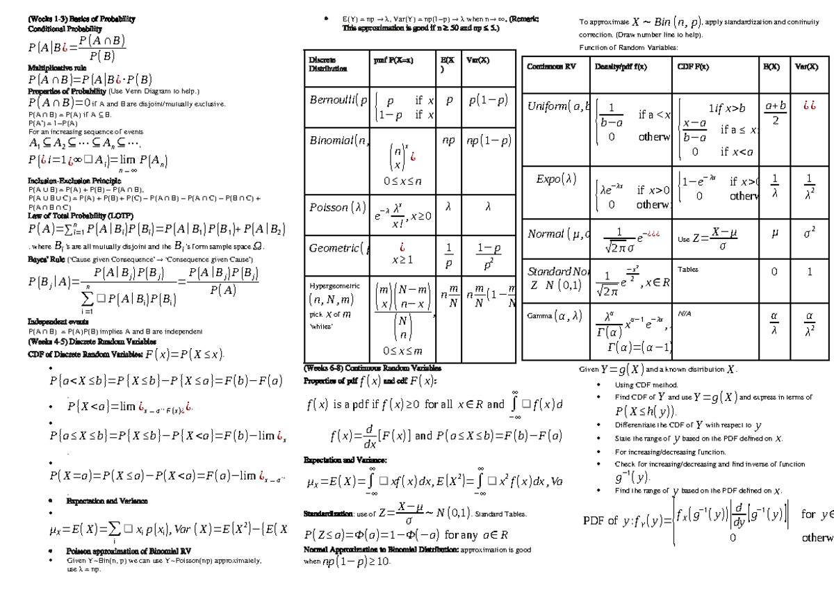 MH2500 Helpsheet (Final) - (Weeks 1-3) Basics of Probability ...