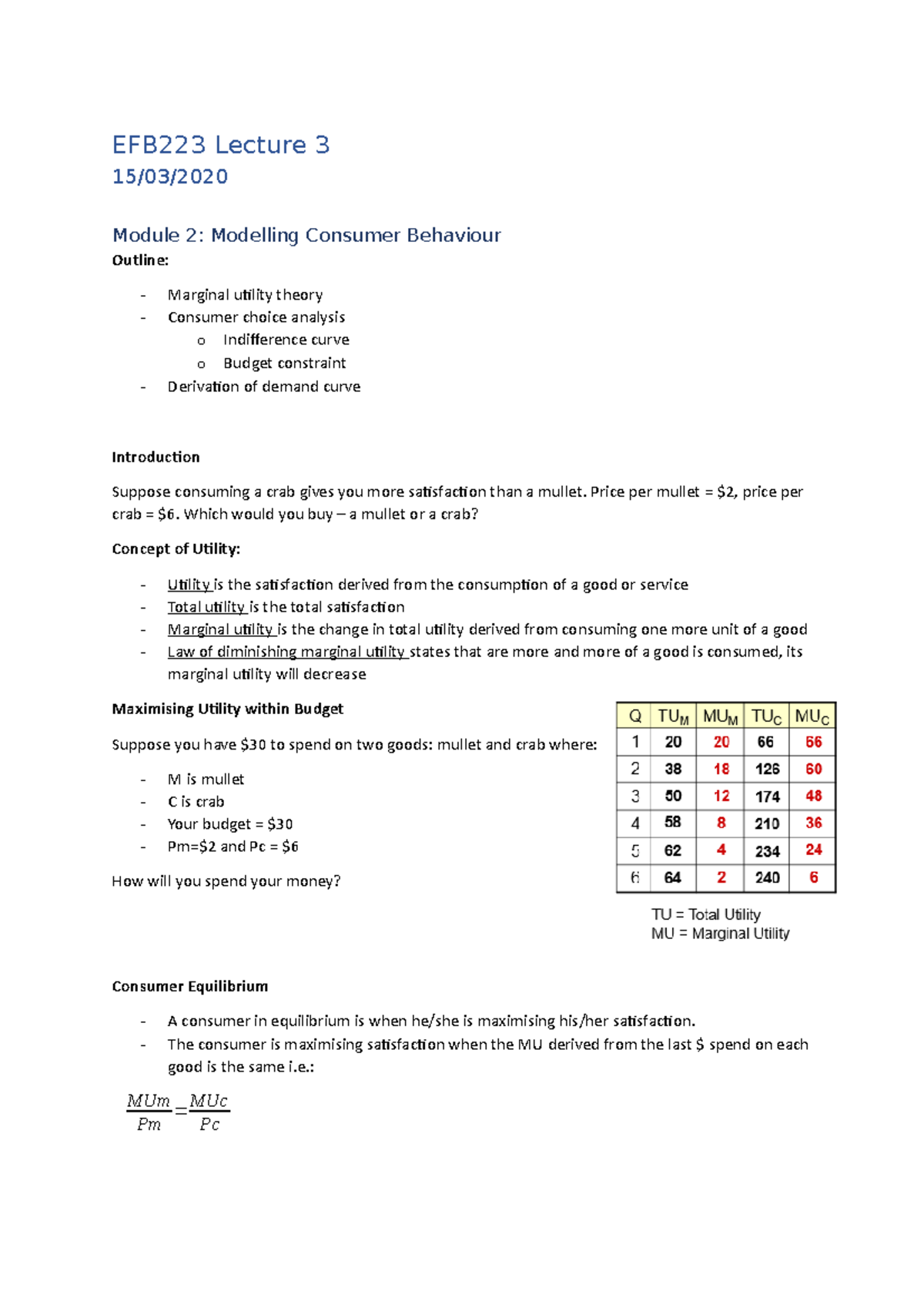 Lecture 3 Notes - EFB223 Lecture 3 15/03/ Module 2: Modelling Consumer ...