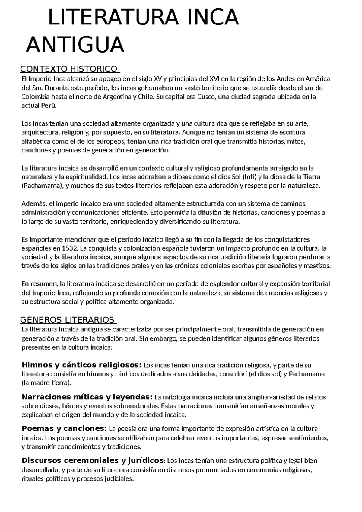 Literatura INCA Antigua - LITERATURA INCA ANTIGUA CONTEXTO HISTORICO El ...