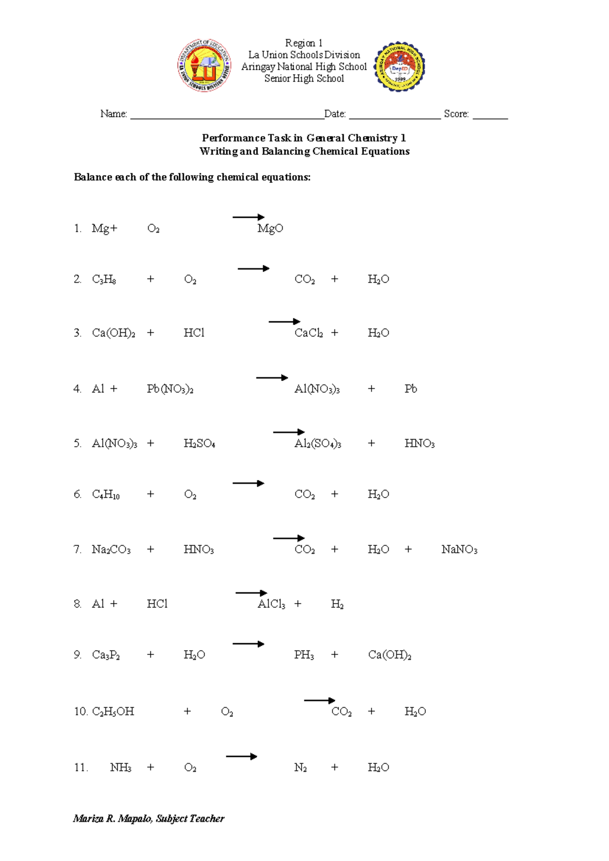 Gen CHem Balancing Equations Worksheet 1 - Region 1 La Union Schools ...