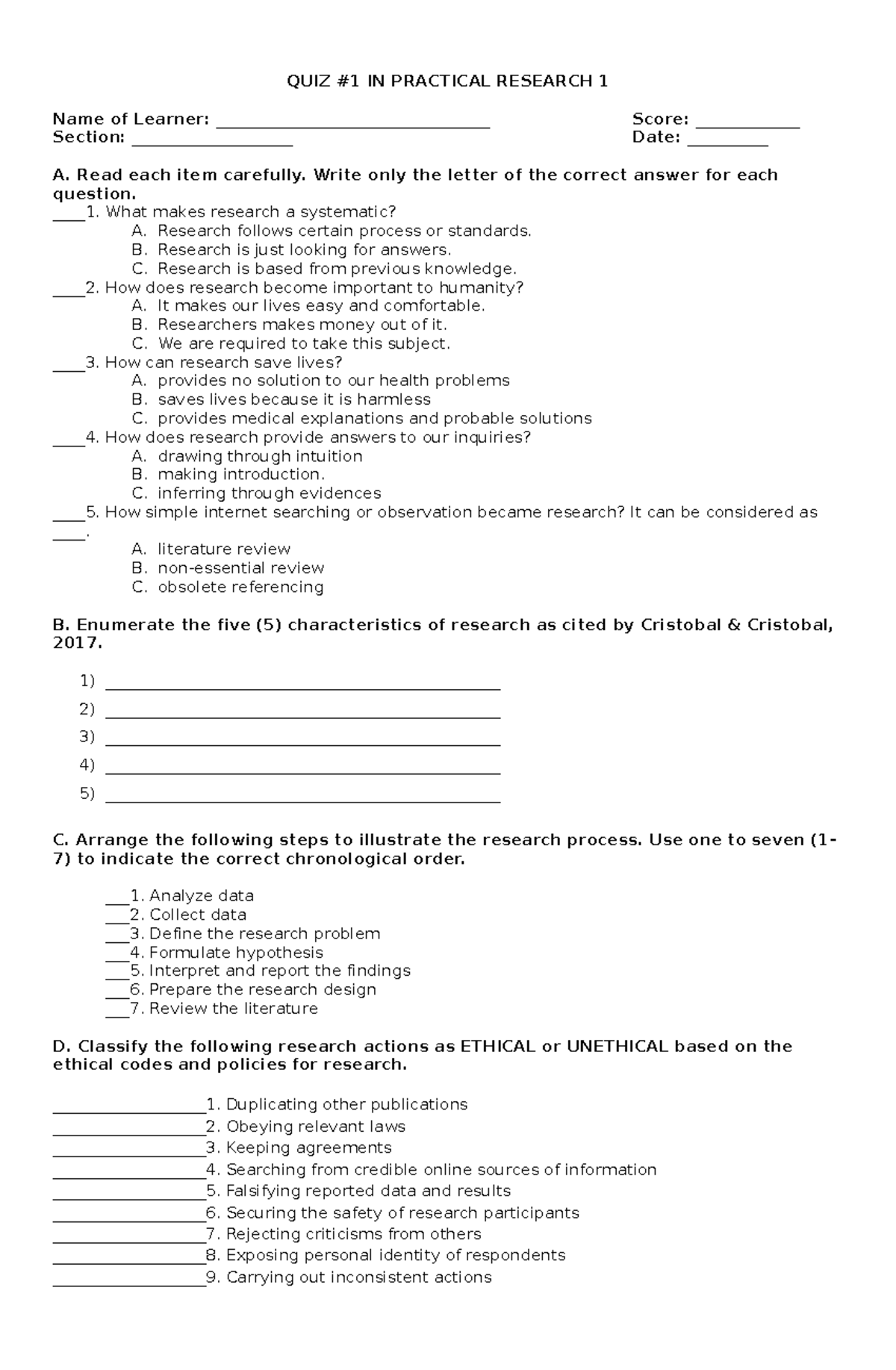 QUIZ #1 IN Practical Research 1 - QUIZ #1 IN PRACTICAL RESEARCH 1 Name ...