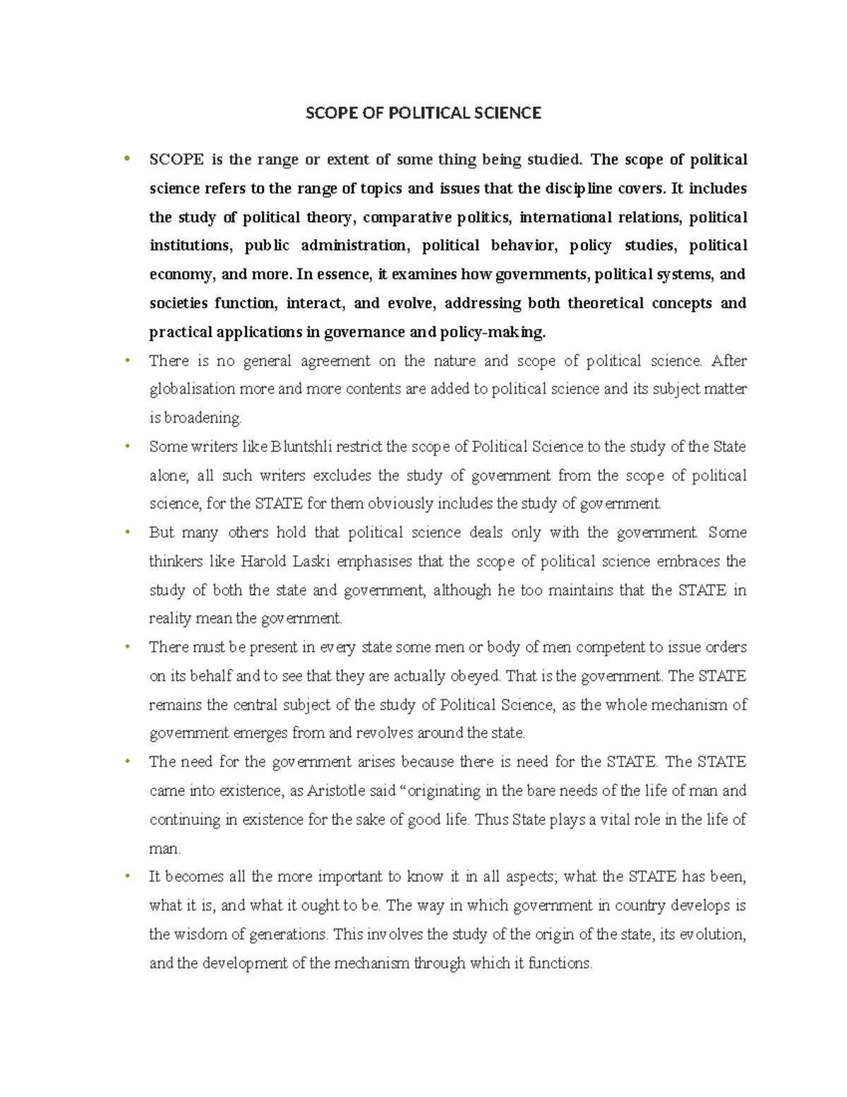 Scope OF Political Science - SCOPE OF POLITICAL SCIENCE SCOPE is the ...