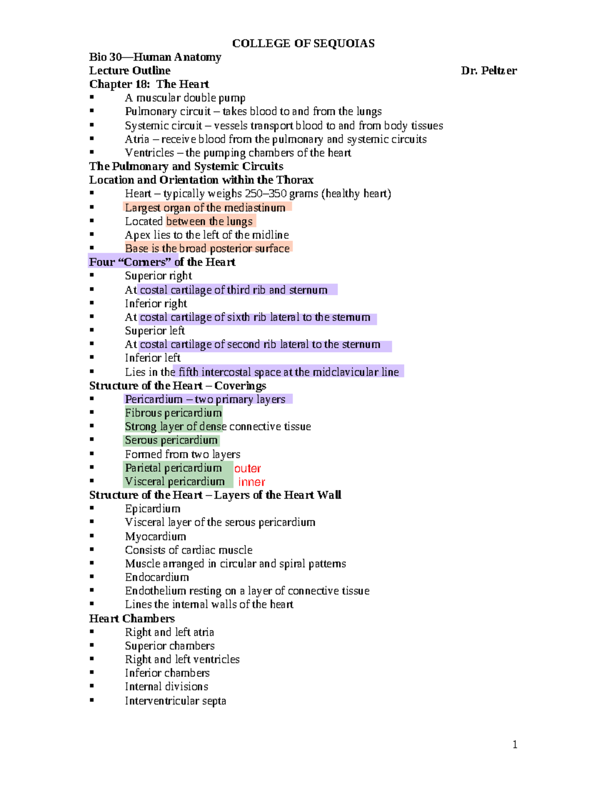 Ch. 18 Outline - The heart - Bio 30—Human Anatomy Lecture Outline Dr ...