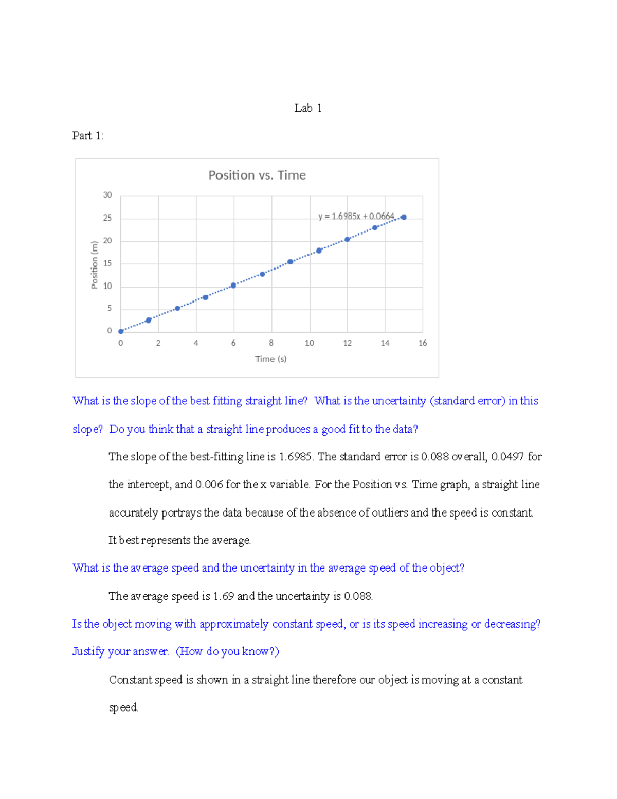 Lab1 - xzdfcgvhbjnm - Lab 1 Part 1: What is the slope of the best fitting straight line? What is ...