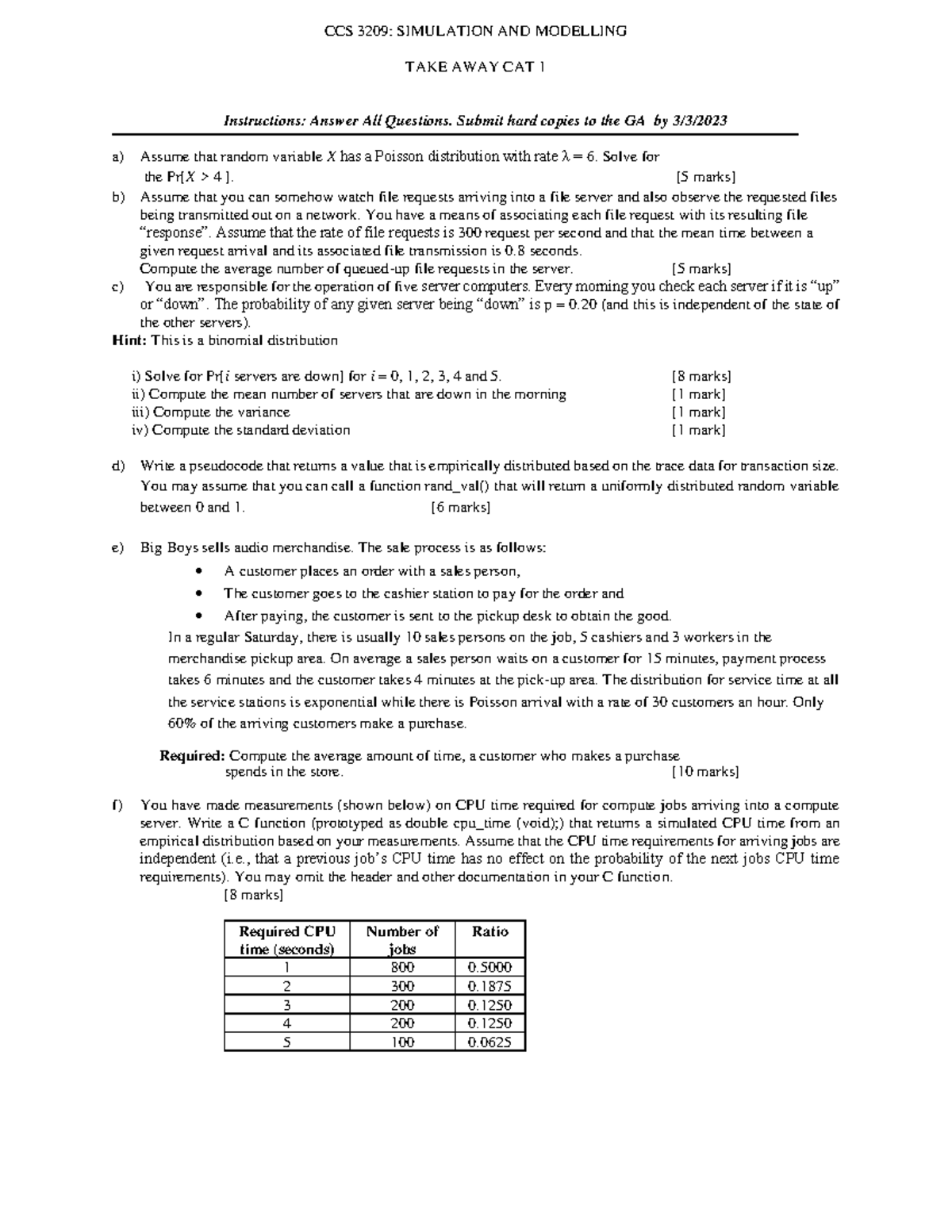CCS 3209 Take Away CAT - Simulation and modelling sample CAT - CCS 3209: SIMULATION AND ...