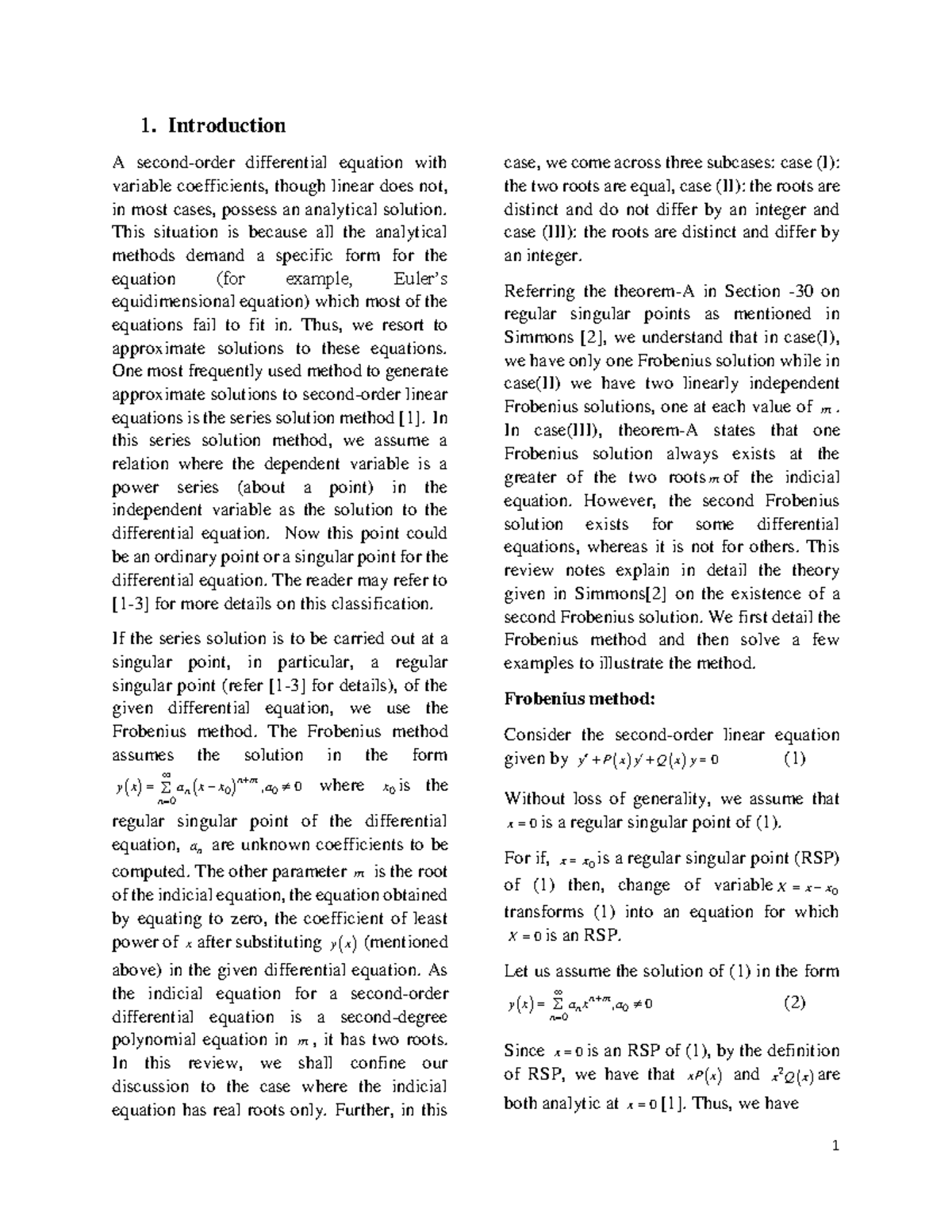 Notes on Frobenius method - 1. Introduction A second-order differential ...