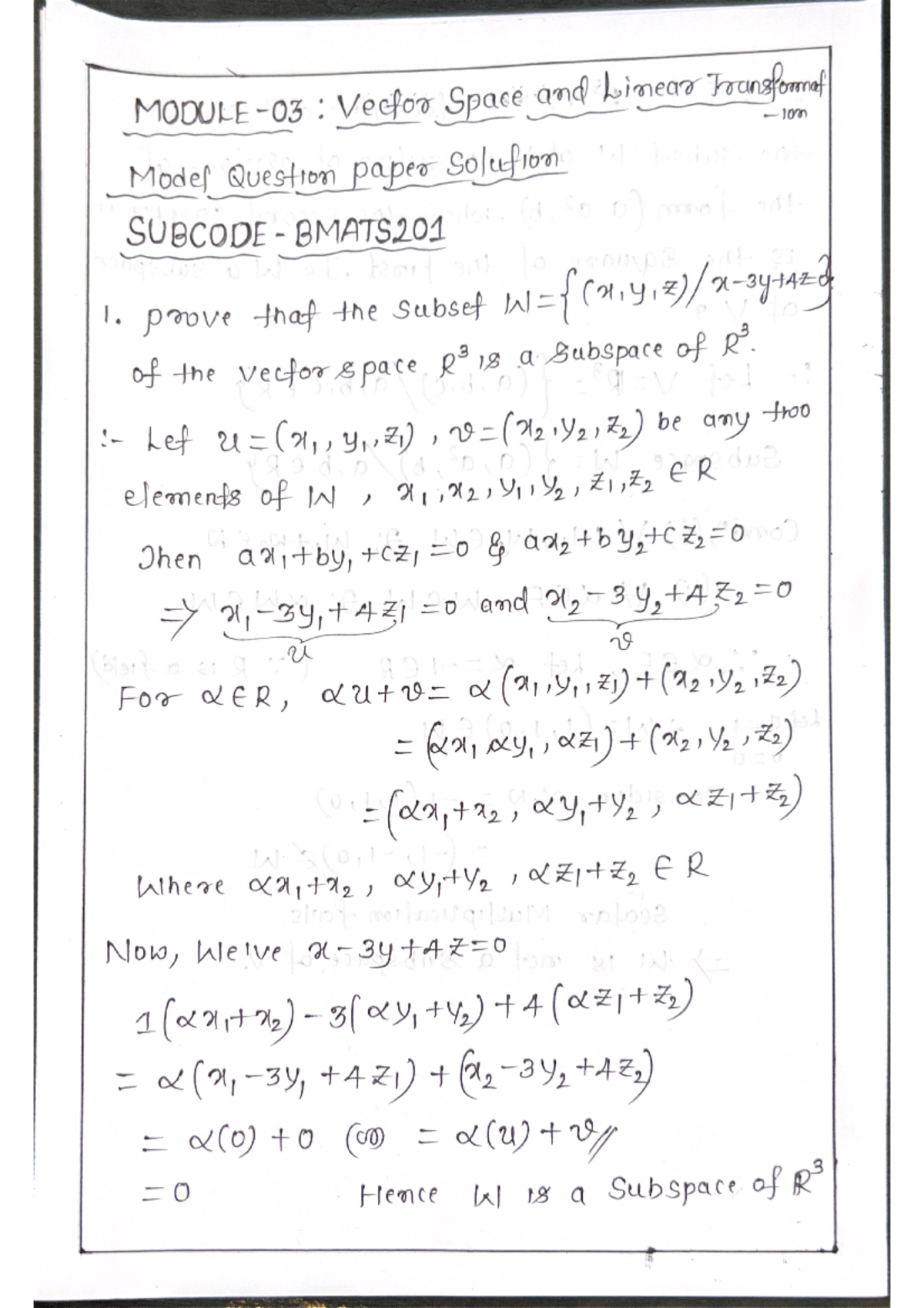 Module 3 MOST Important Questions WITH Solutions (1) - : Vector Space ...