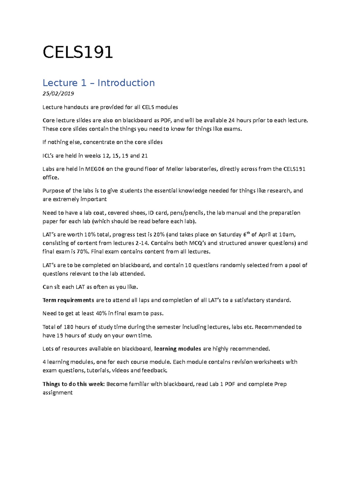 CELS191 Full Notes - CELS Lecture 1 – Introduction 25/02/ Lecture ...