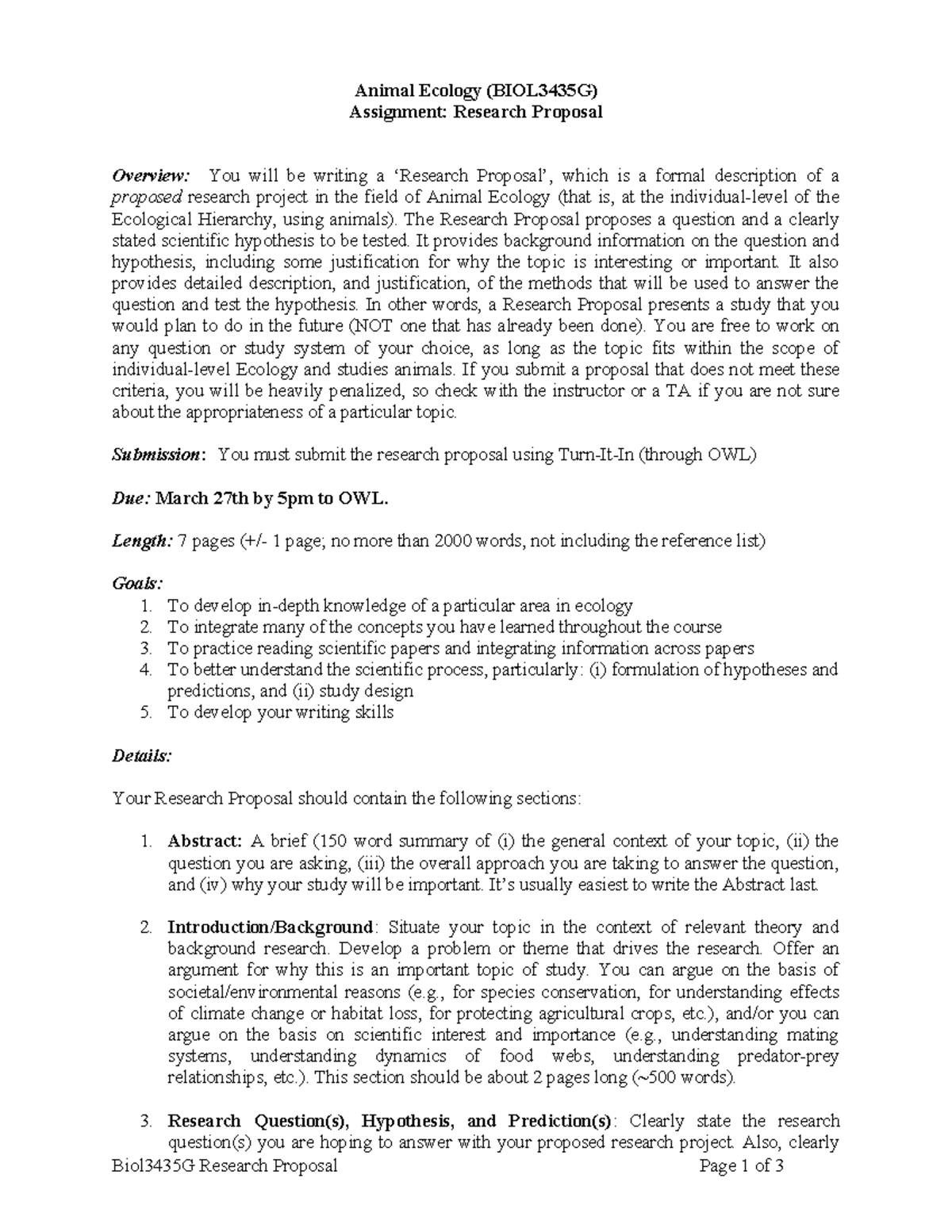 3435 Research Proposal Outline - Animal Ecology (BIOL3435G) Assignment ...