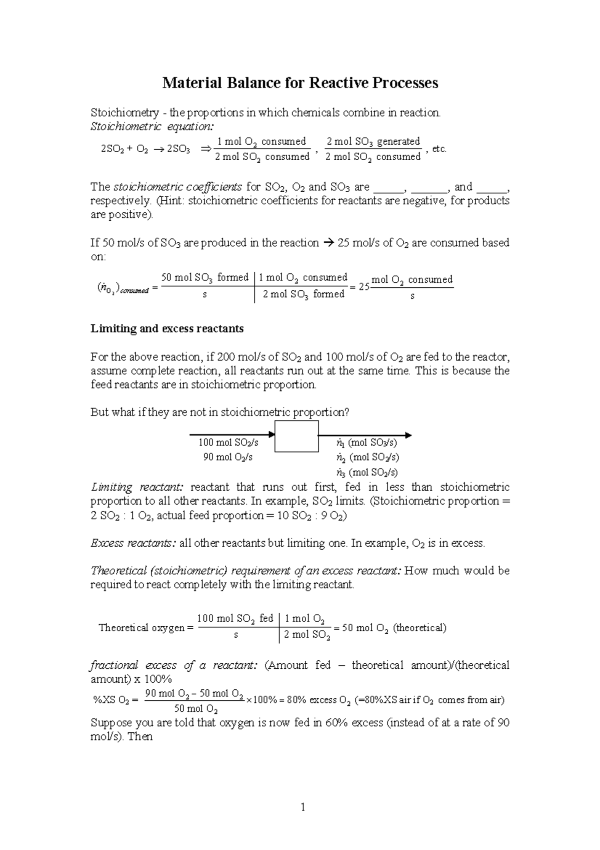 Material Balance for Reactive Processes - 1 Material Balance for ...