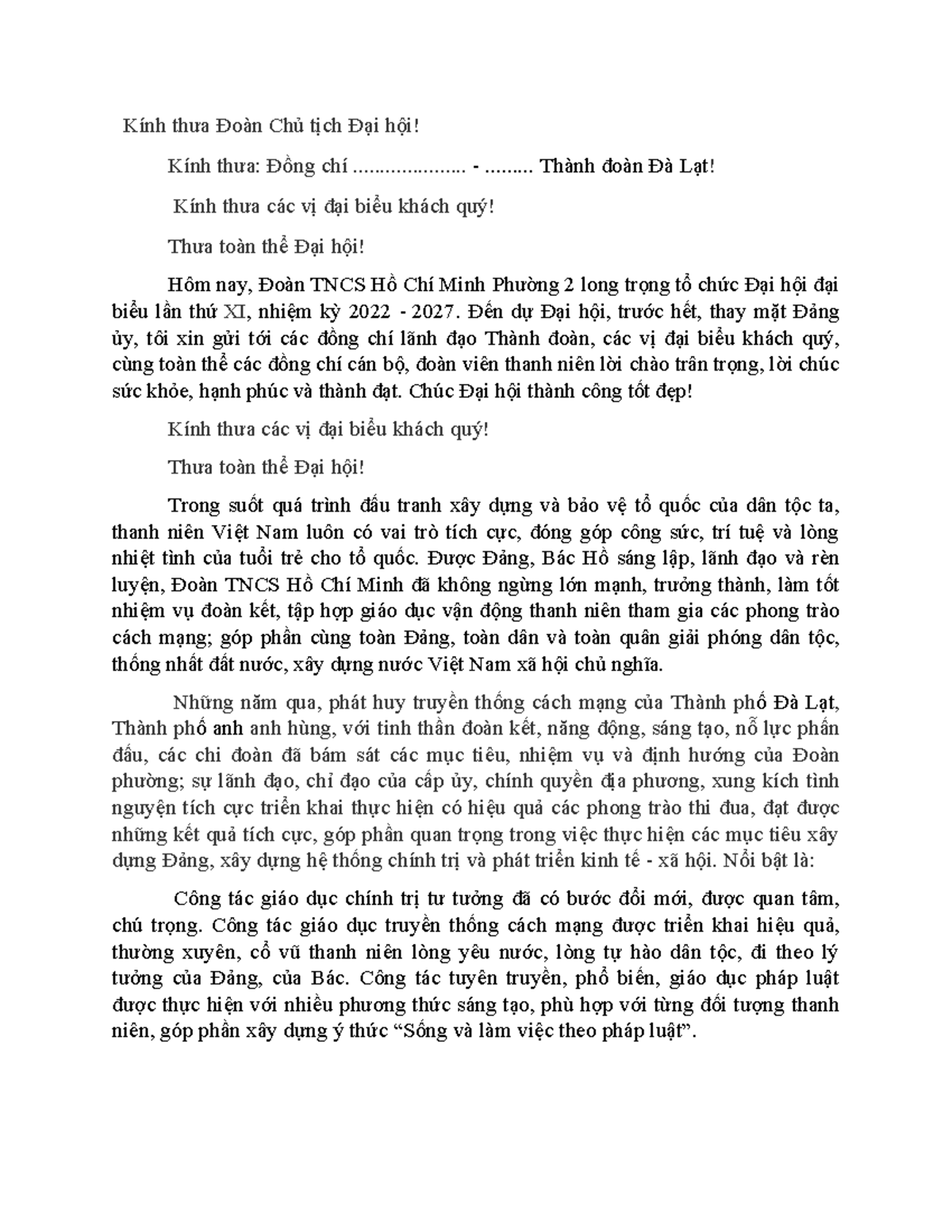 Phat bieu chi dao dai hoi - Kính thưa Đoàn Chủ tịch Đại hô ̣i! Kí nh ...