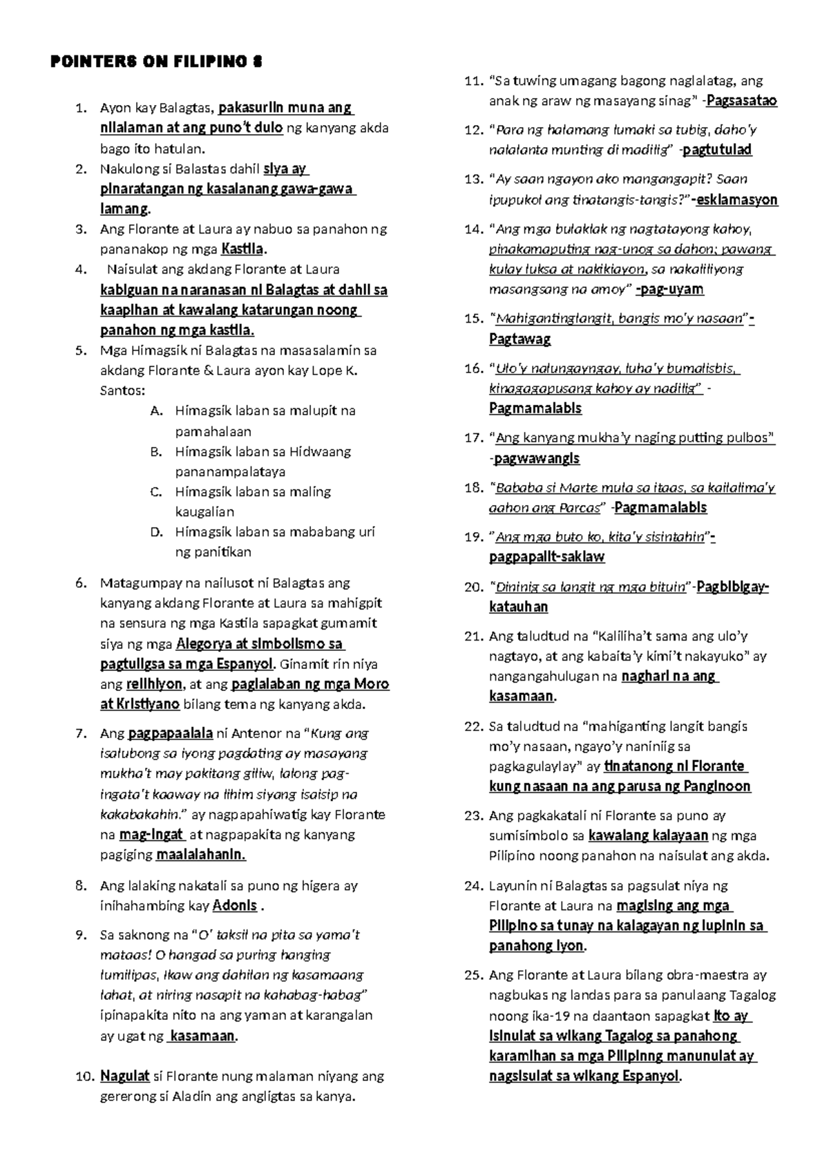 Pointers ON Filipino 8 - POINTERS ON FILIPINO 8 Ayon kay Balagtas, pakasuriin muna ang nilalaman ...