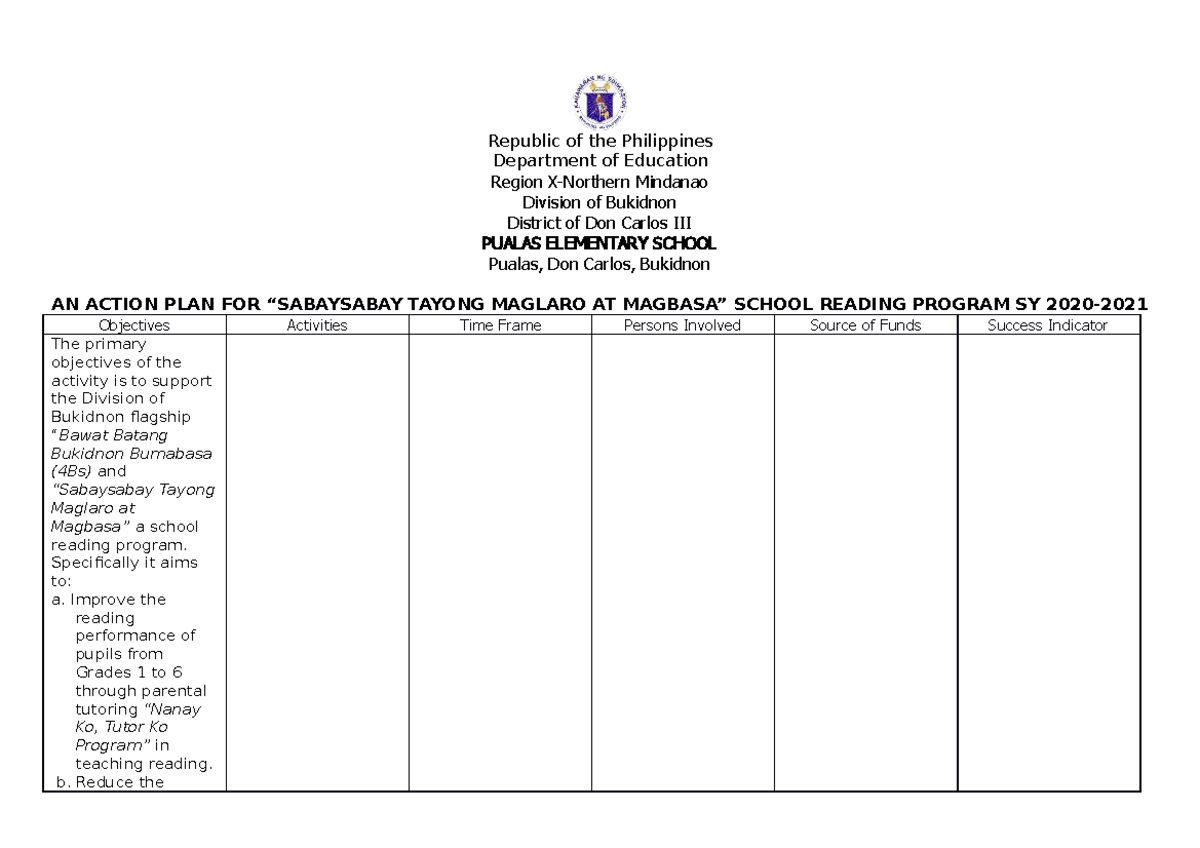 Action Plan for School Reading Program - Republic of the Philippines ...