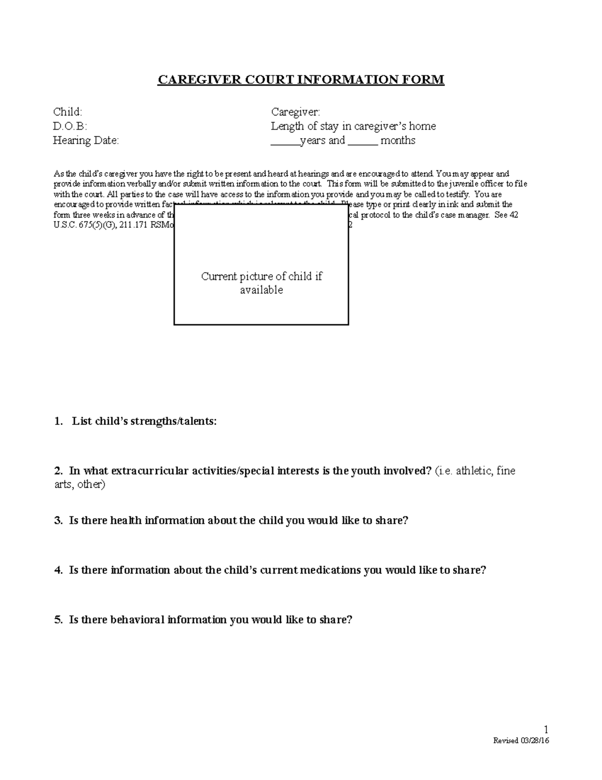 Caregivers information form for court - CAREGIVER COURT INFORMATION ...