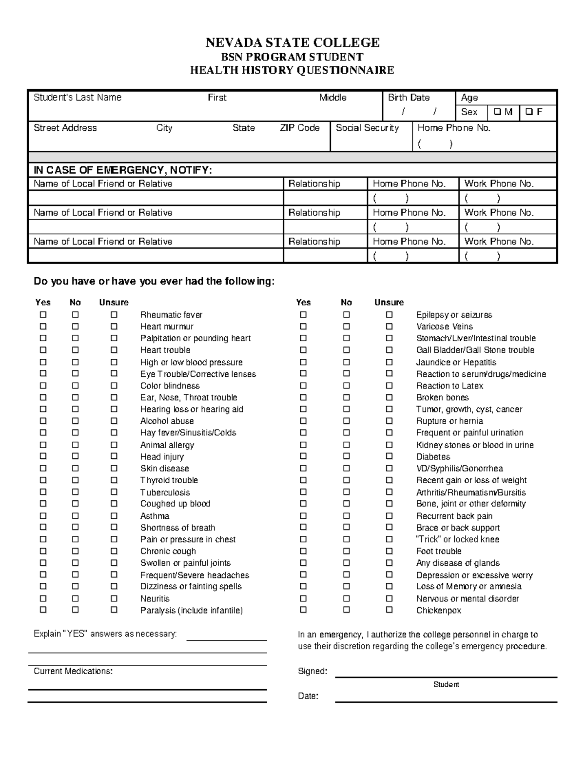 Health History Form Blank - NEVADA STATE COLLEGE BSN PROGRAM STUDENT ...