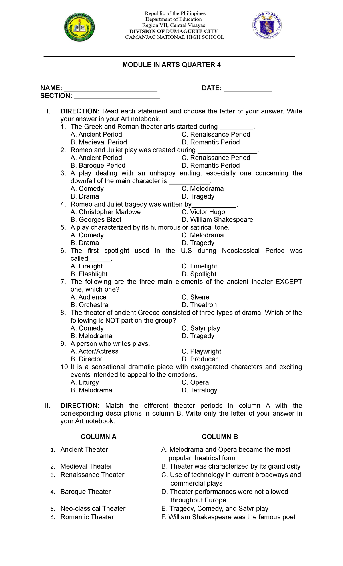 Module IN ARTS Quarter 4 - MODULE IN ARTS QUARTER 4 NAME ...
