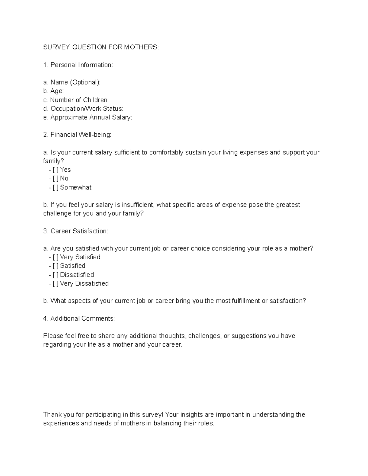 Survey Question FOR Mothers - SURVEY QUESTION FOR MOTHERS: Personal ...