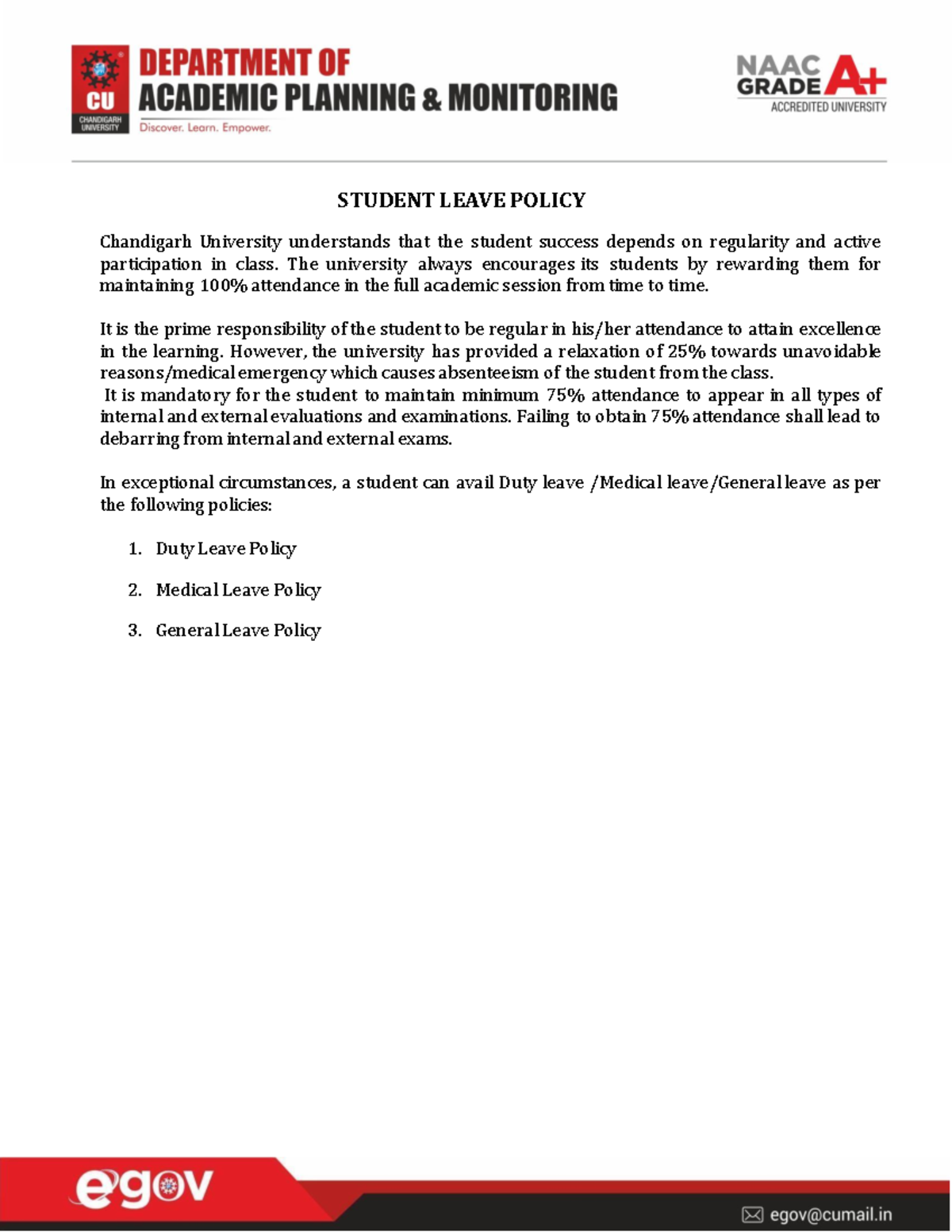 Student Leave Policy-Even 2023 - STUDENT LEAVE POLICY Chandigarh ...