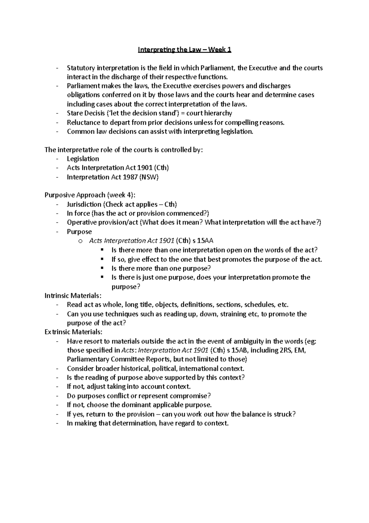 Week 1 Lecture Notes - Interpreting the Law – Week 1 Statutory ...