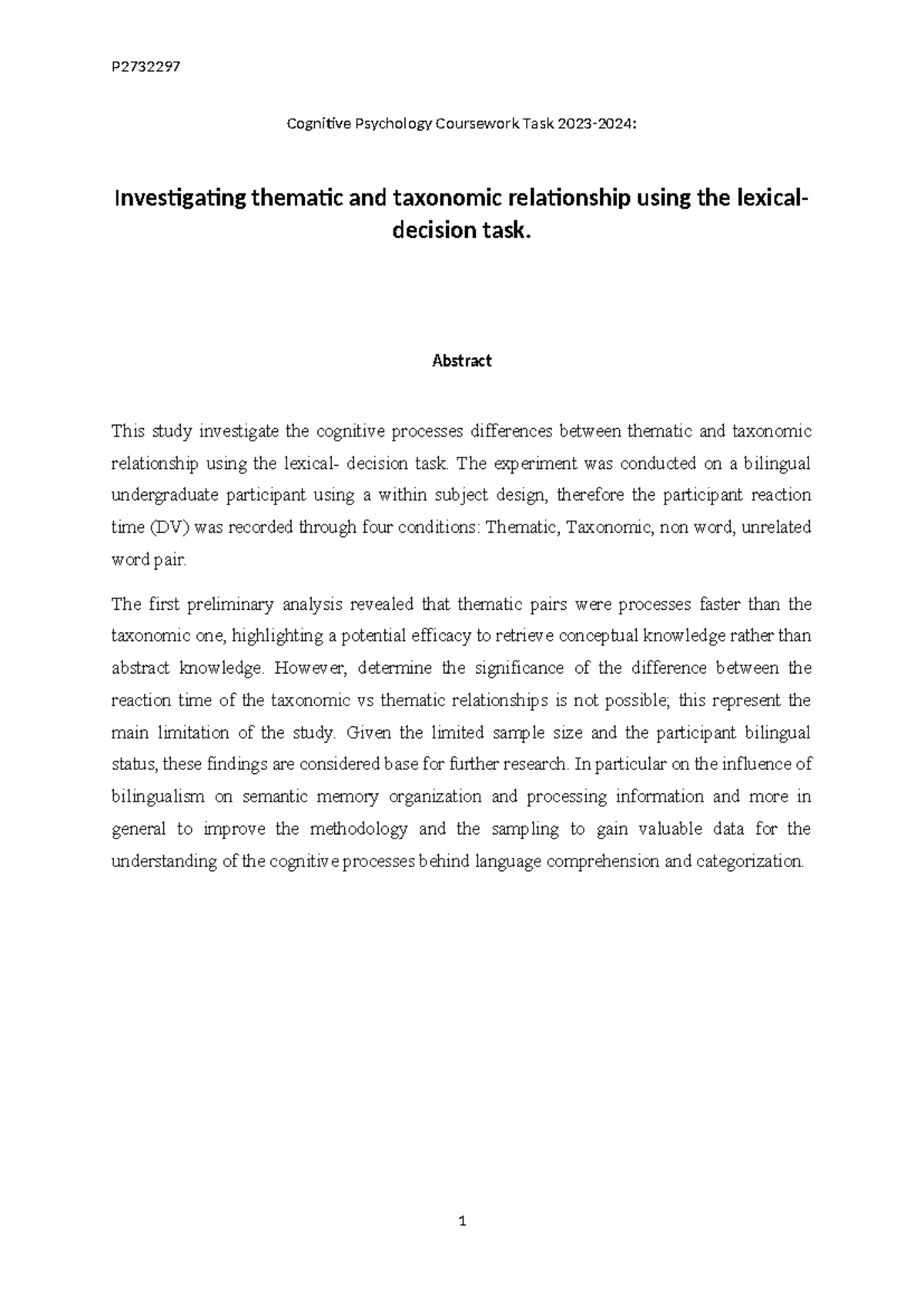 Cognitive Psychology - Abstract This study investigate the cognitive ...