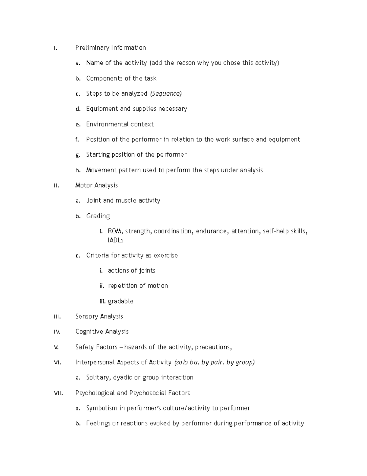 Sample Activity Analysis Format - I. Preliminary Information a. Name of ...