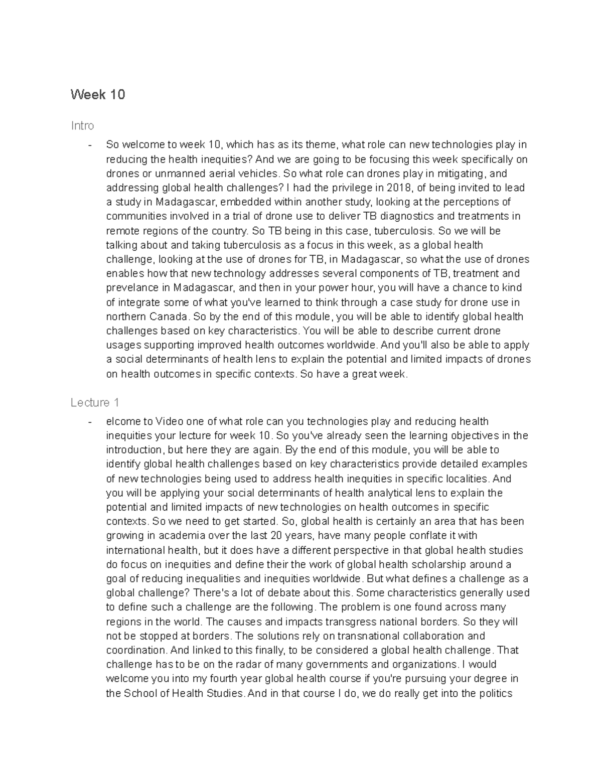 Week 10 - HS 1002 - Week 10 Intro So welcome to week 10, which has as ...
