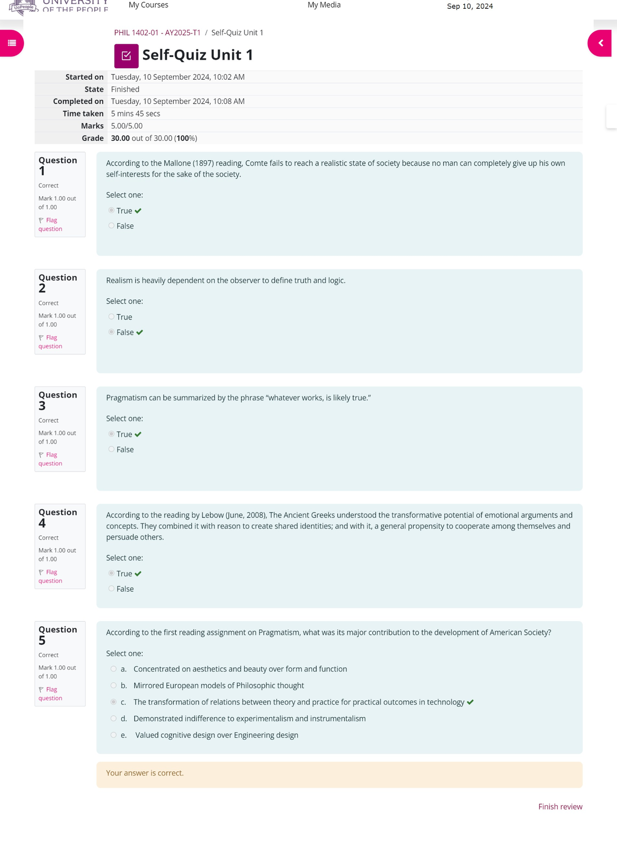 Self-Quiz Unit 1 Attempt review - Home - my.uopeople - UoPeople My Courses My Media Sep 10, 2024 ...