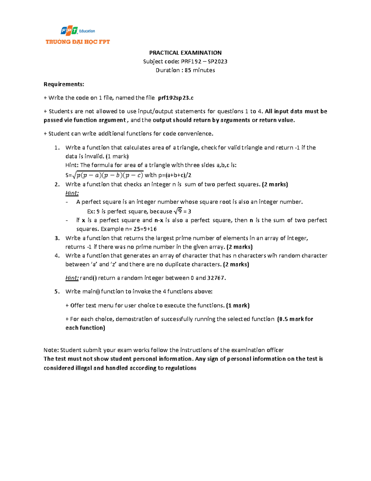 SP23 IT PRF192 PE1 - đề kiểm tra - PRACTICAL EXAMINATION Subject code ...