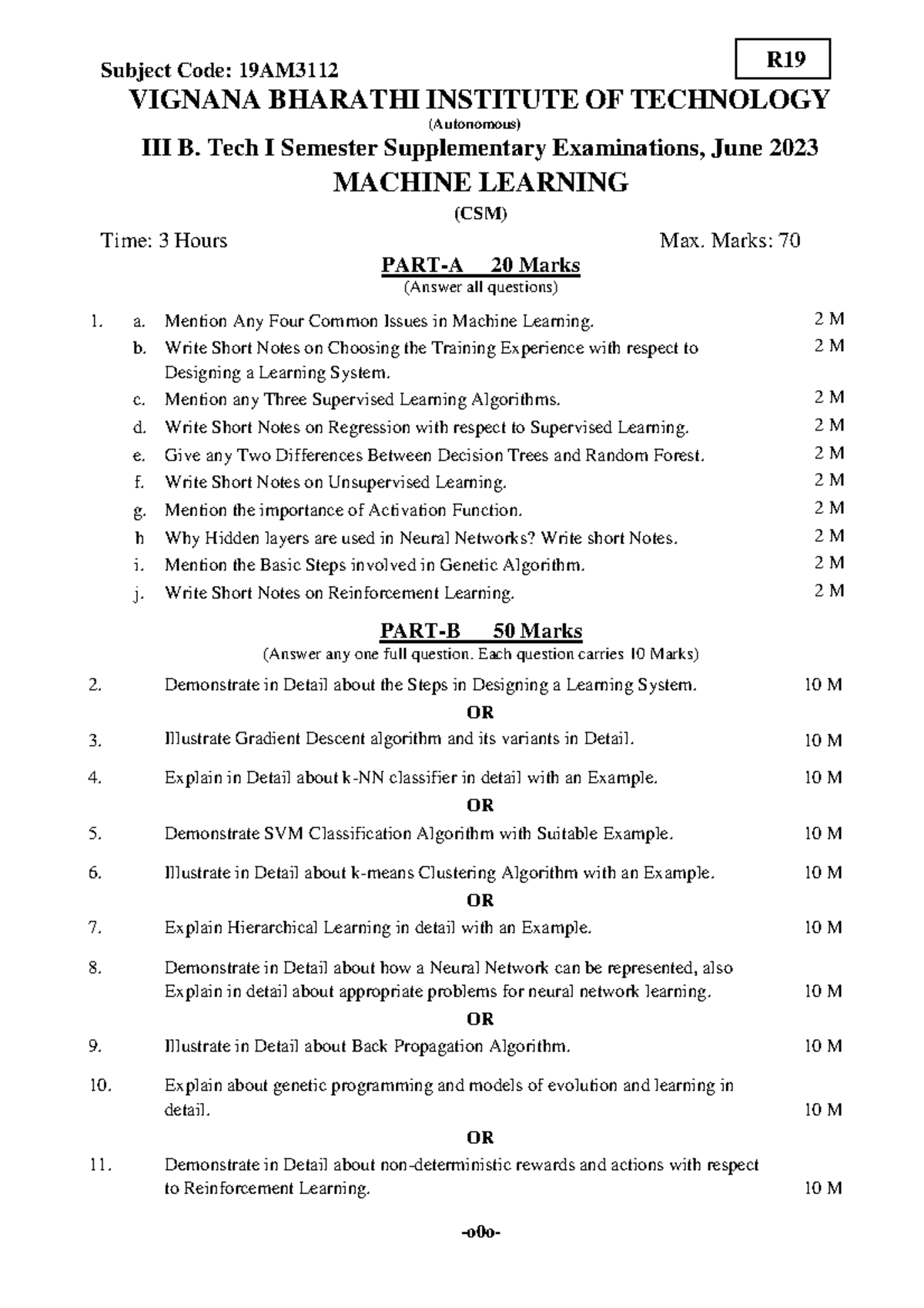 ML PYQ-2 - nice - Subject Code: 19AM VIGNANA BHARATHI INSTITUTE OF TECHNOLOGY (Autonomous) III B ...