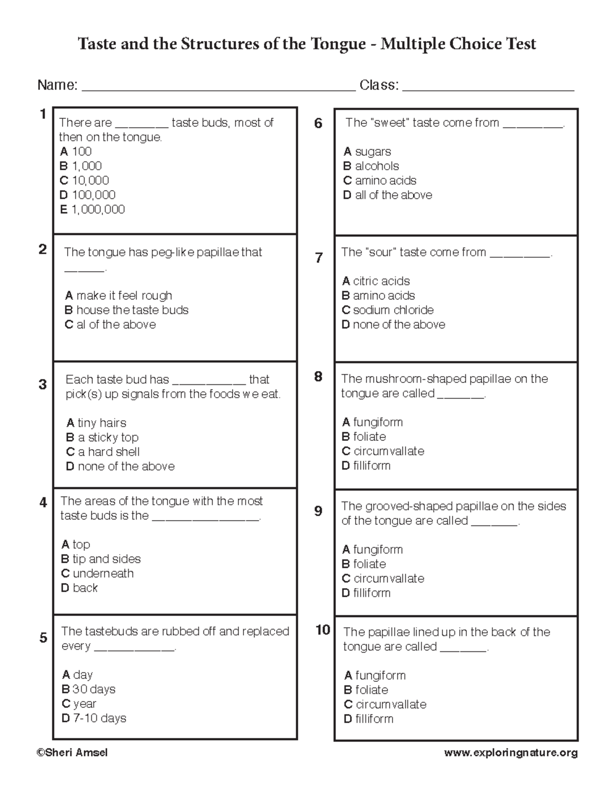 Taste multiple choice questions - Taste and the Structures of the ...
