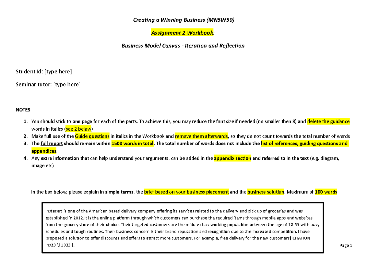 BMC - Creating a Winning Business (MN5W50) Assignment 2 Workbook ...