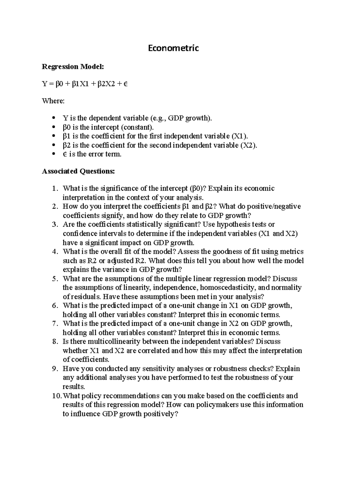 Econometric Regression Exercise Econometric Regression Model Y