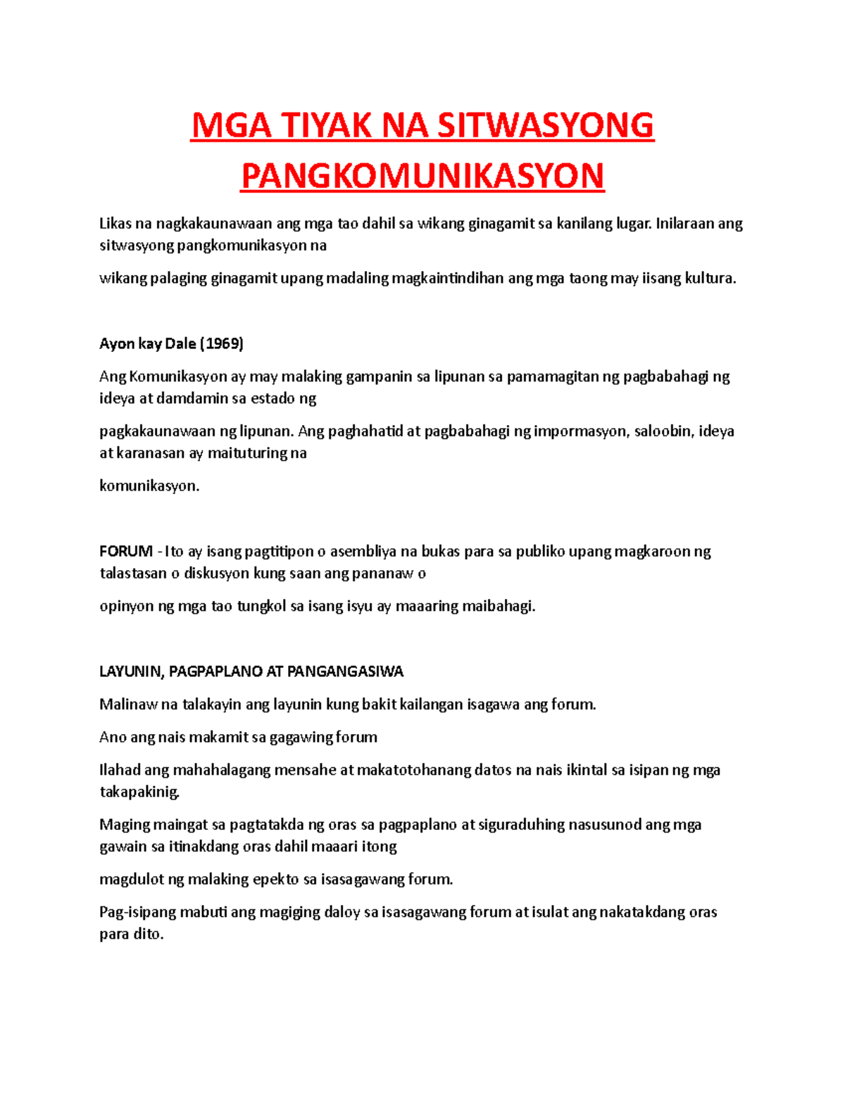 MGA Tiyak NA Sitwasyong Pangkomunikasyon - MGA TIYAK NA SITWASYONG ...