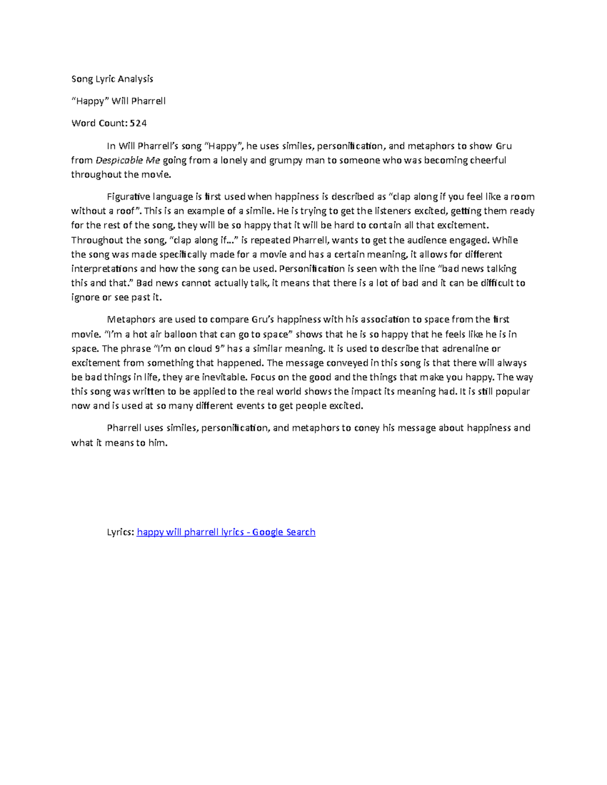 Song Lyric Analysis- Happy - Song Lyric Analysis hi how are you? I am ...