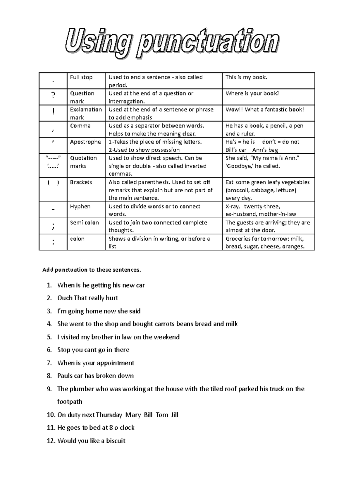 Practice / Activities for learning Punctuation - English - Studocu
