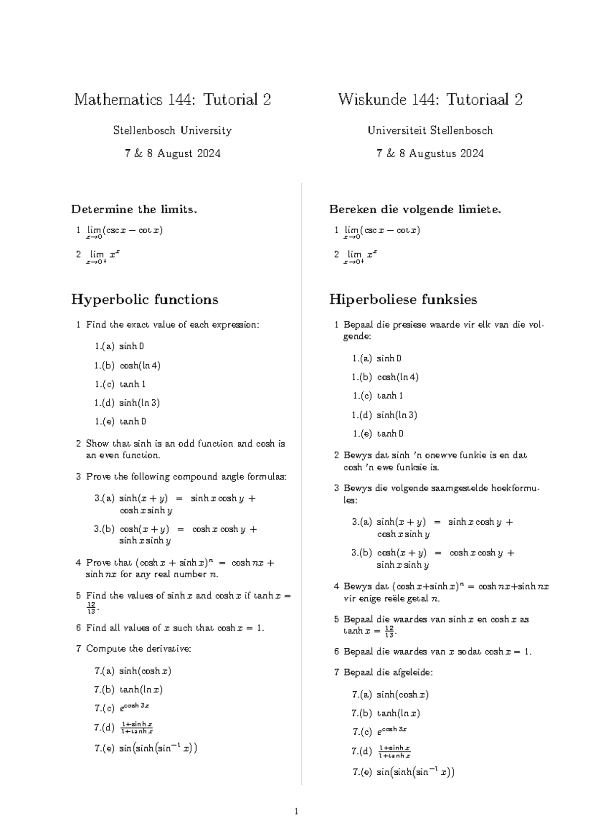 Maths 144 Tutorial 2 - tut - Mathematics 144: Tutorial 2 Stellenbosch ...