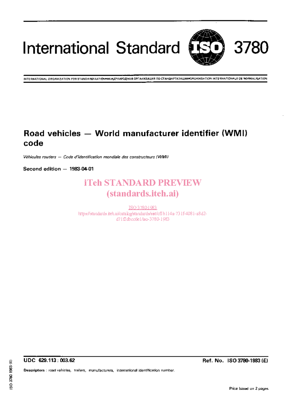 ISO-3780-1983 - VIN DECODER - International Standard INTERNATIONAL ORGANIZATION FOR - Studocu